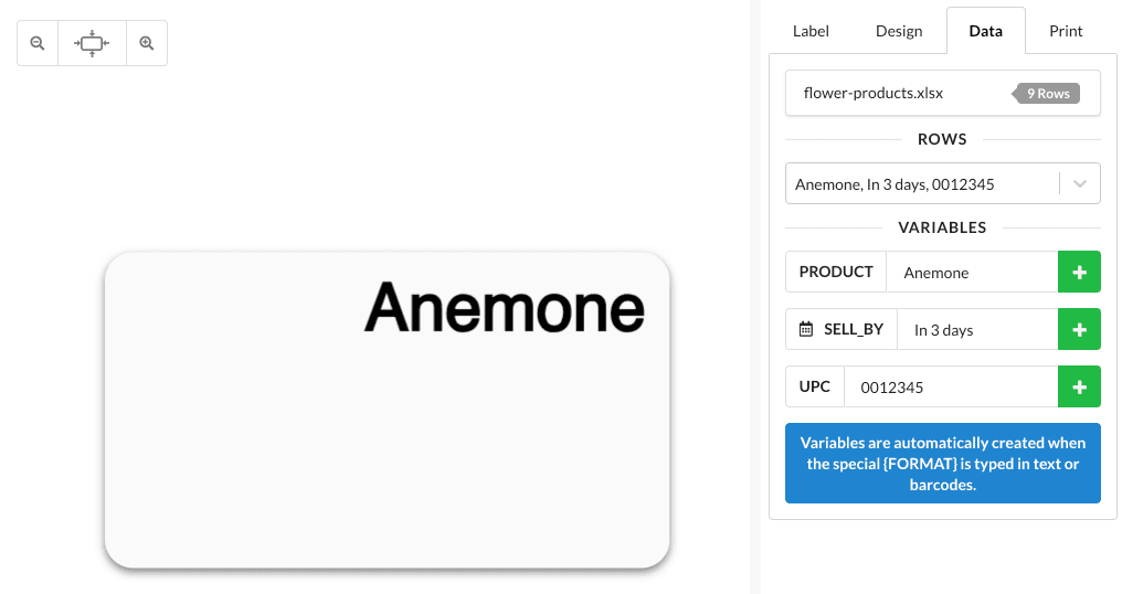 First, let's add the product name as a text object. From the Data tab: