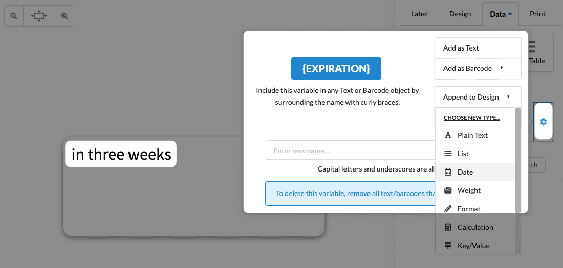 Once changed to DATE, you will see a default date format and a calendar icon near the variable name.